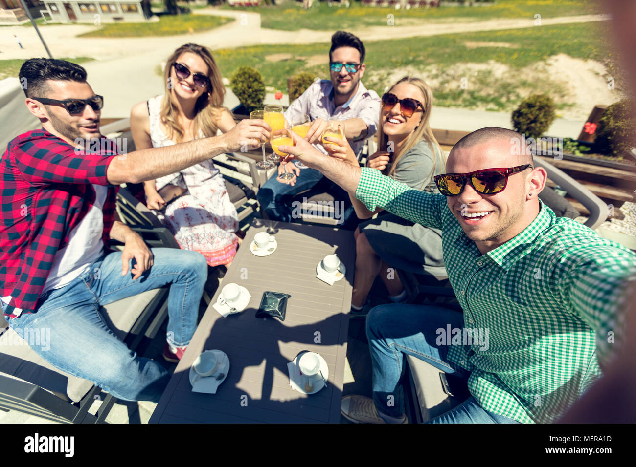 Selfie of young smiling teenagers having fun together Stock Photo - Alamy