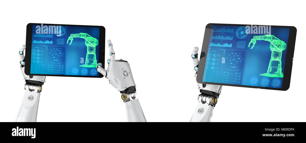 3d rendering humanoid robot working with digital tablet isolated on ...