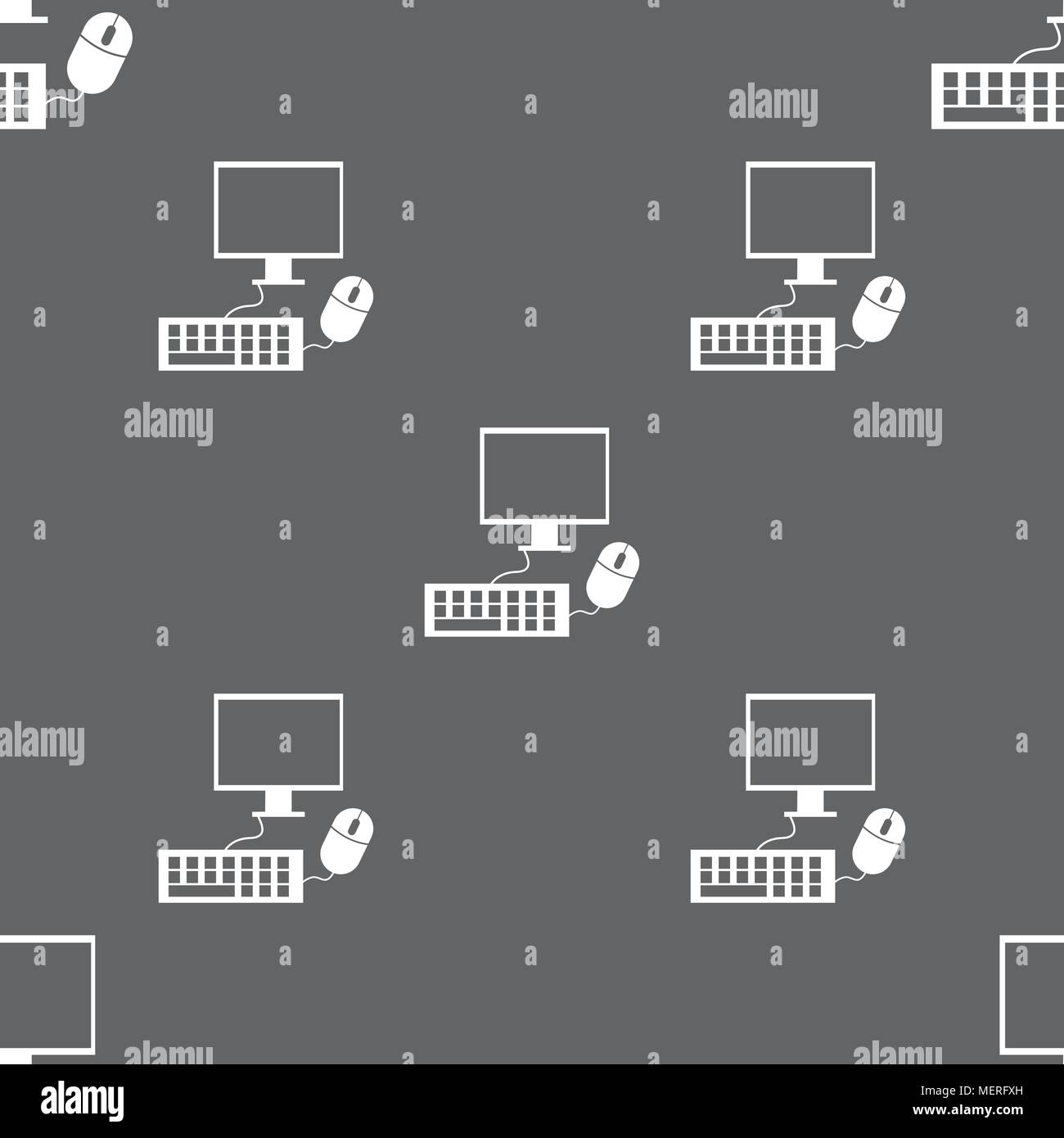 Computer Widescreen Monitor Keyboard Mouse Sign Icon Seamless Pattern On A Gray Background