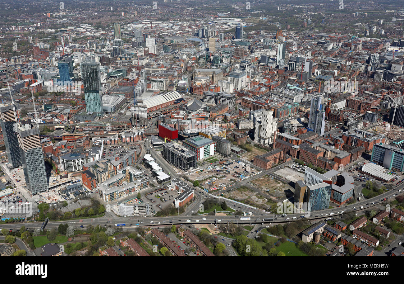 aerial view of Manchester city centre from over the A57(M), April 2018 ...
