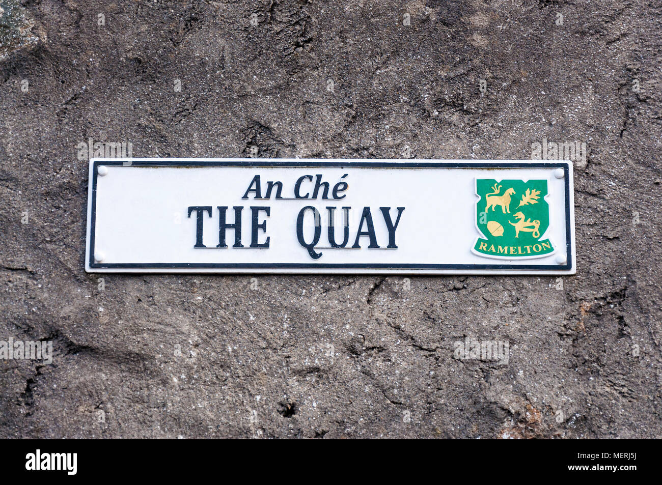 Ramelton, The Quay sign in Irish Gaelic language and English, County ...