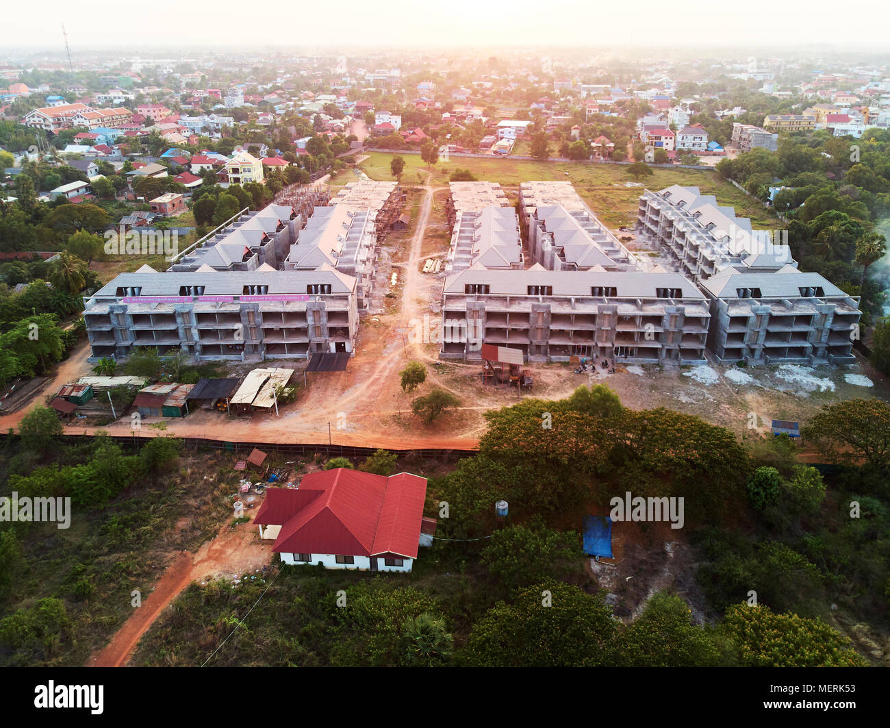Aerial drone view topdown of a lotus farm in rural Cambodia countryside ...