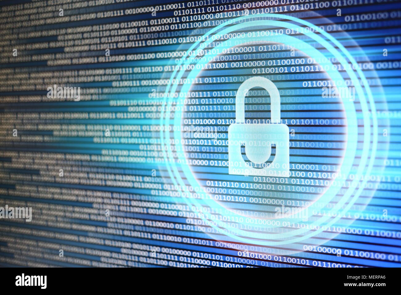 padlock icon on LED computer display screen with binary code moving in the background. password ...
