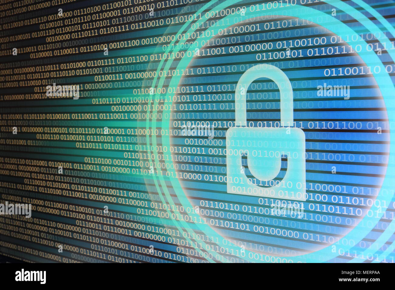 Padlock Icon On Led Computer Display Screen With Binary Code Moving In The Background Password