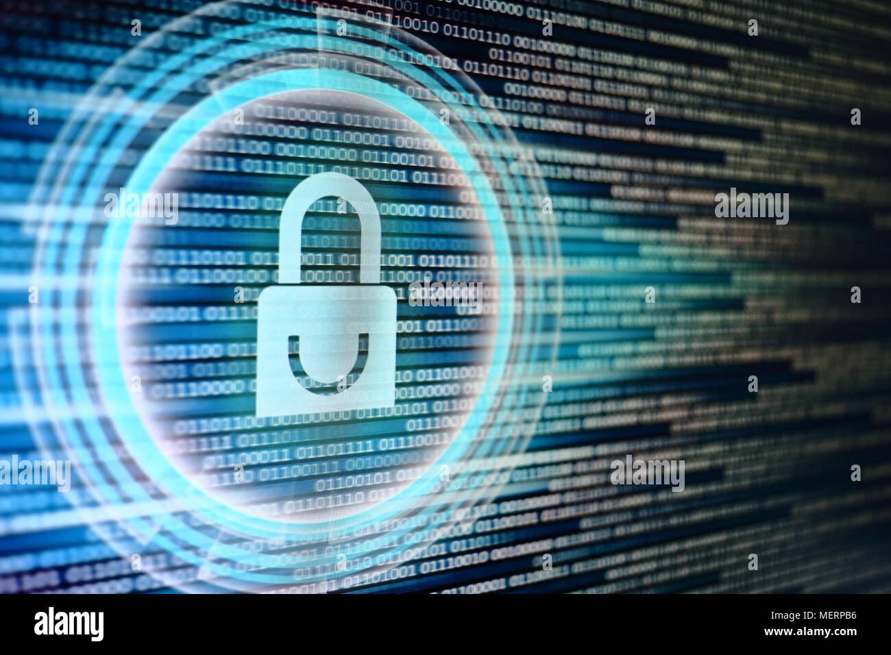 Padlock Icon On Led Computer Display Screen With Binary Code Moving In The Background Password