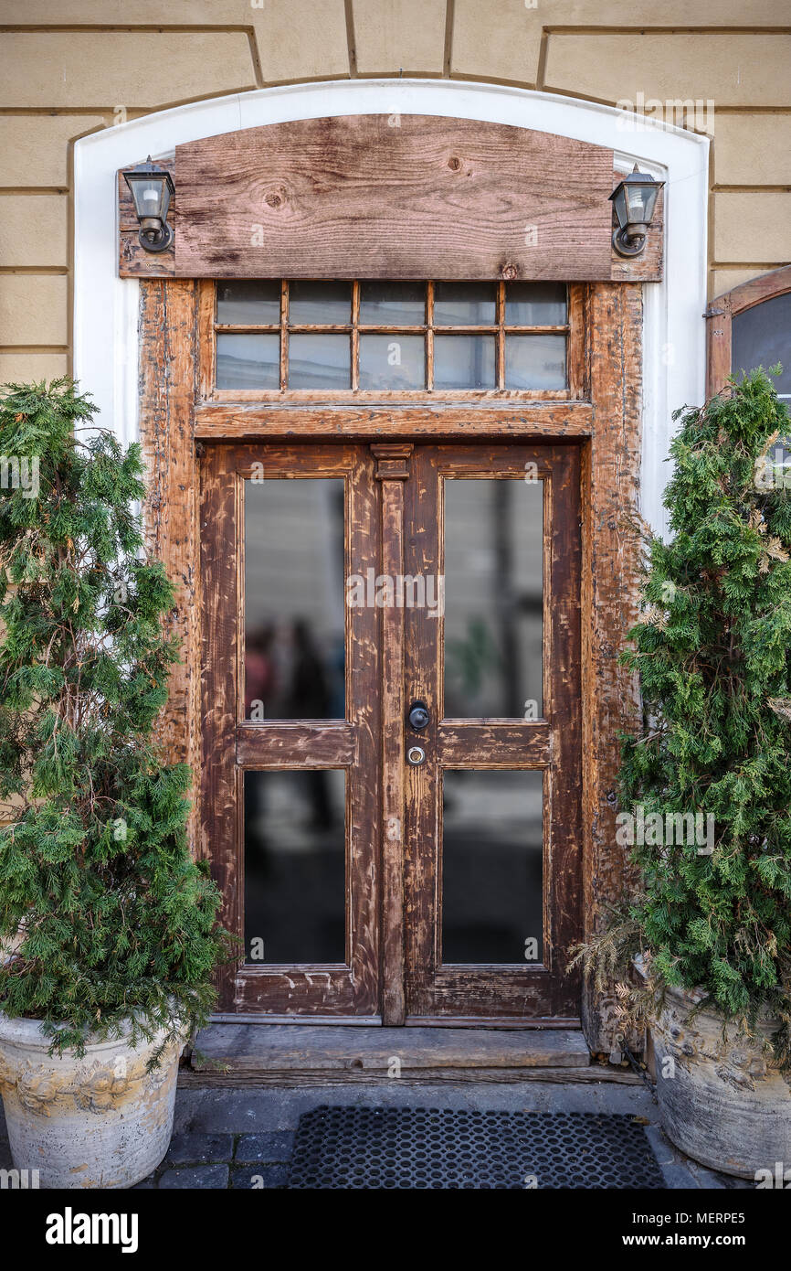 Old wooden front door with window Stock Photo - Alamy
