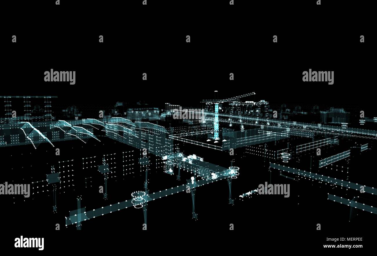 Abstract 3D rendered city of lines and dots Stock Photo - Alamy