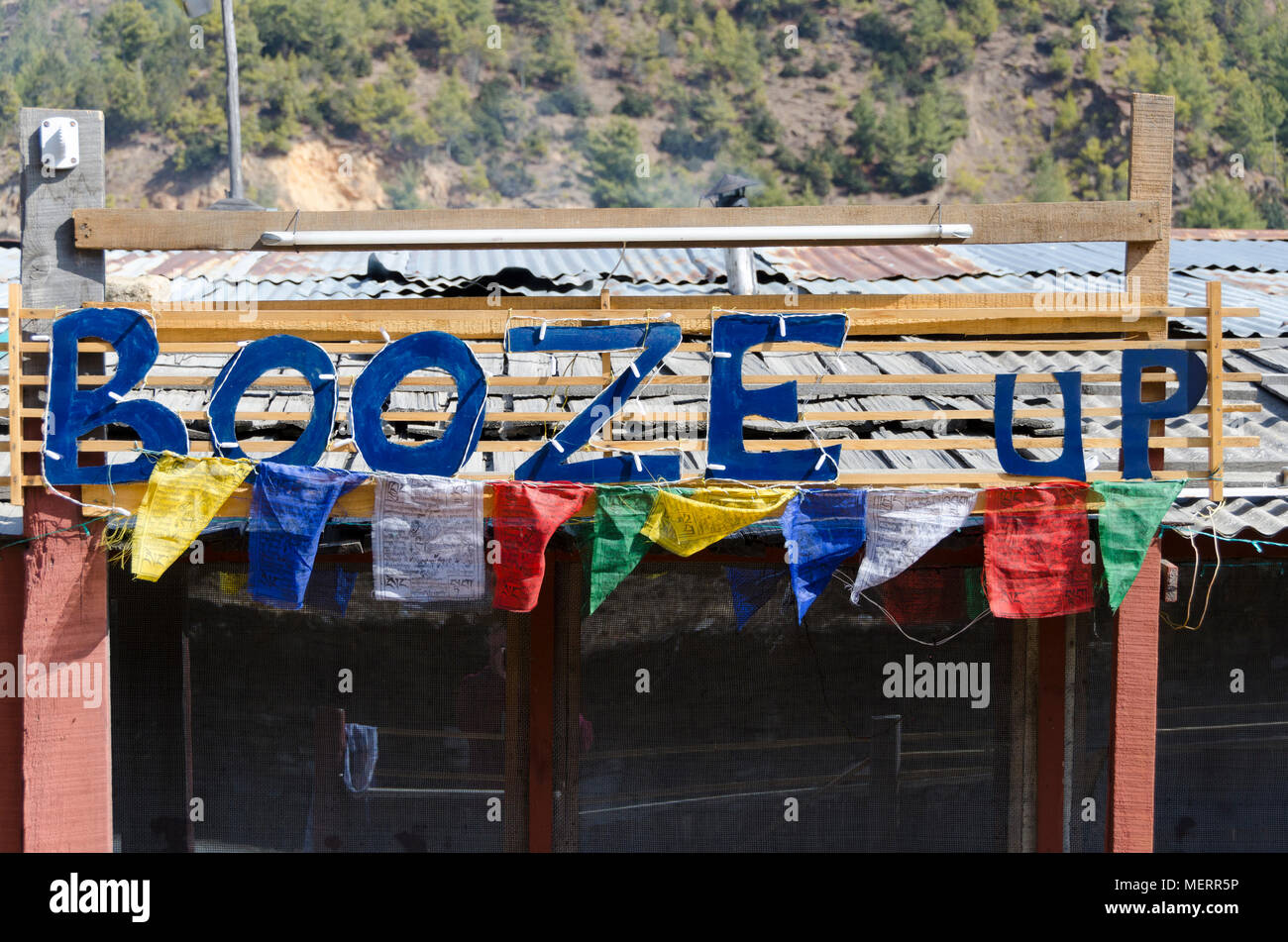 "Booze up" sign on cafe bar in Haa Valley, Bhutan Stock Photo - Alamy