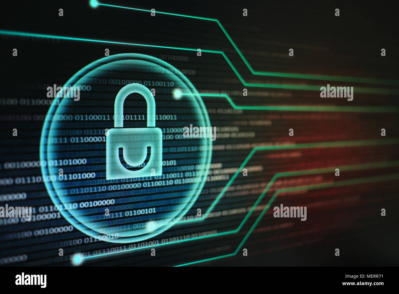 White graphic symbol of a padlock on binary computer display - computer ...