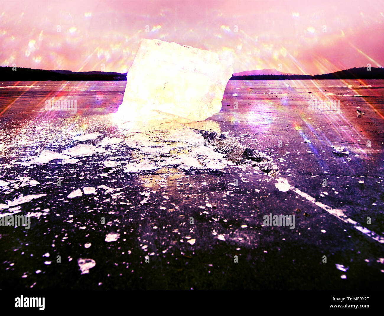 Abstract effect. Ice shard and cracked ice texture on melring glacier ...