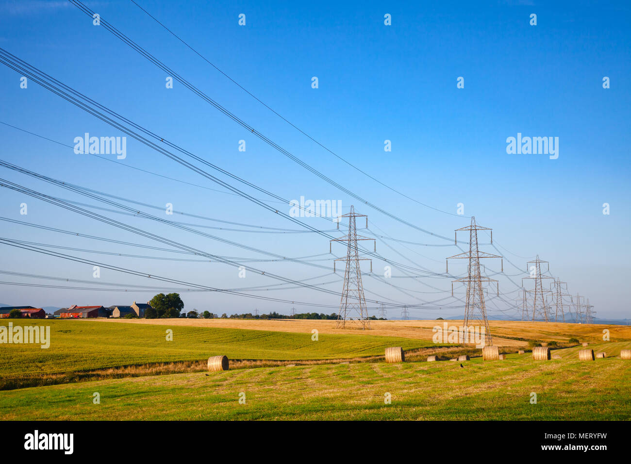 Summer rural landscape with wrapped hay bales on a field and high ...