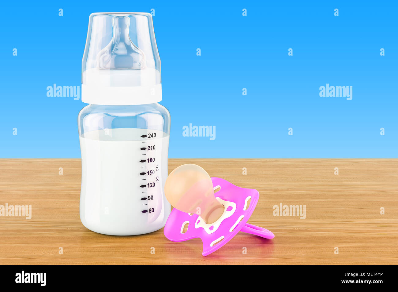 Baby bottle with milk and pink pacifier on the wooden table, 3D ...