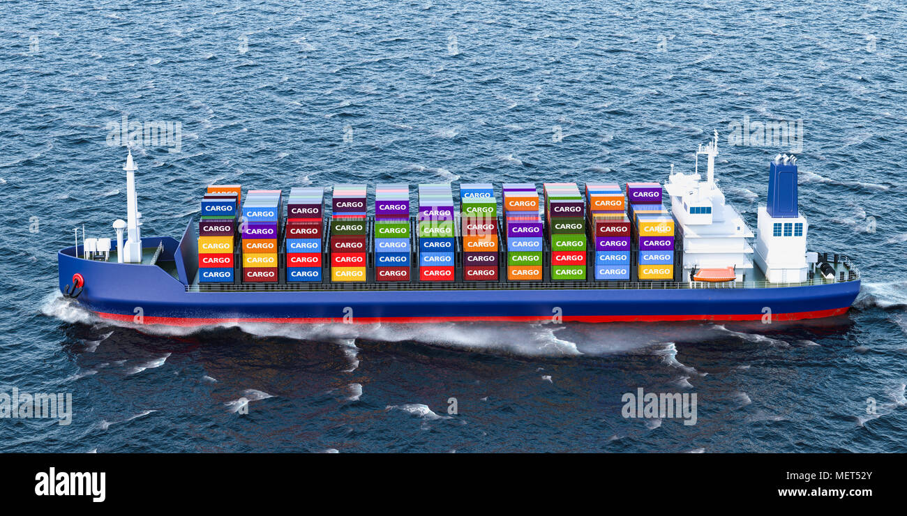 Freighter ship with cargo containers, 3D rendering Stock Photo - Alamy