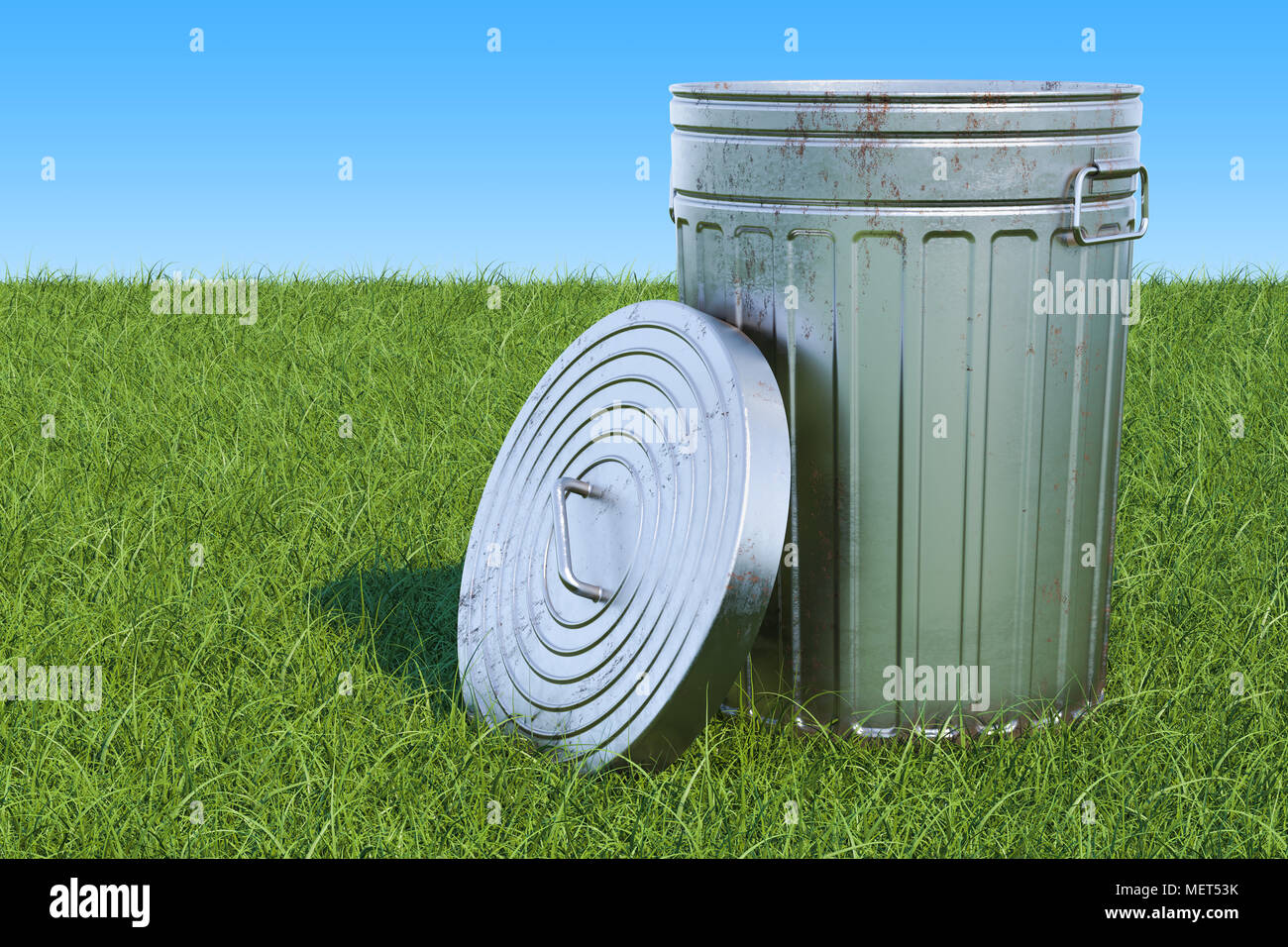 Garbage can in green grass against blue sky, 3d rendering Stock Photo ...