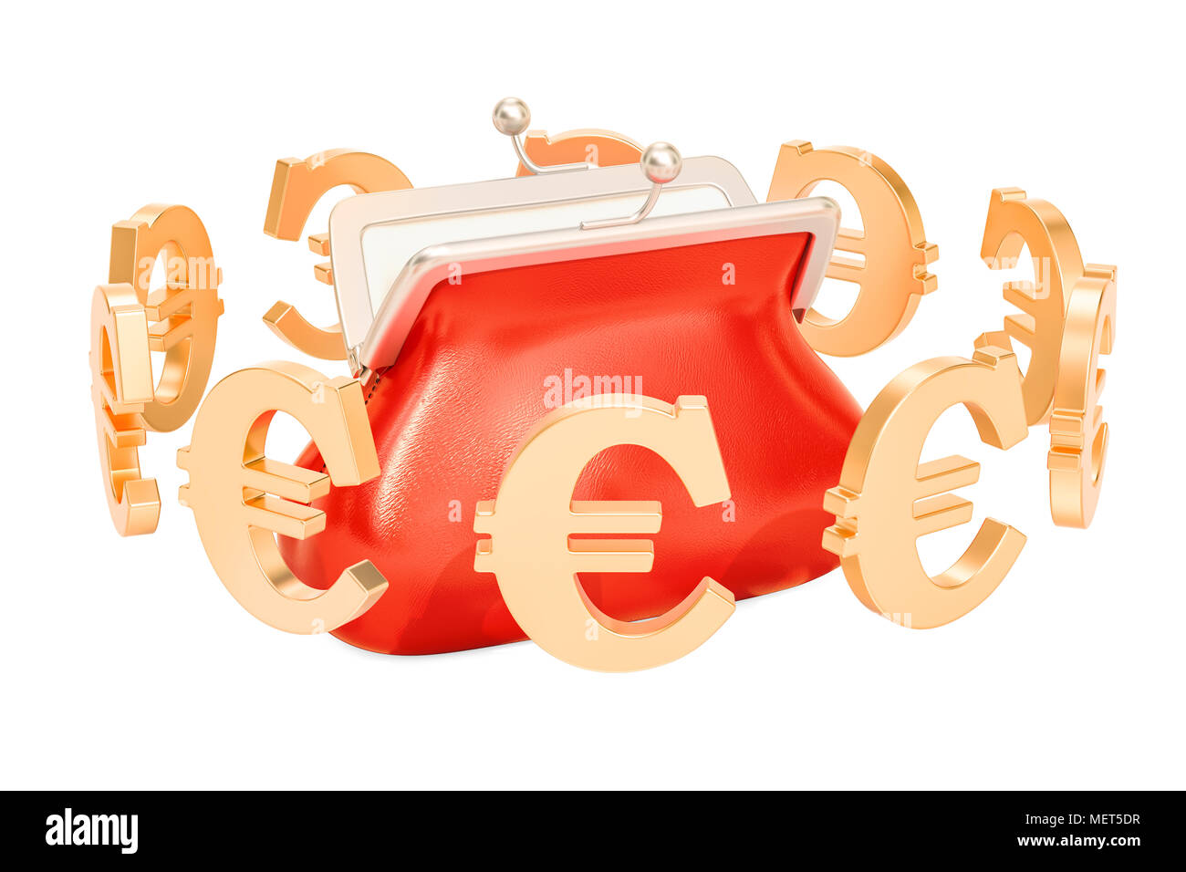 Purse with euro symbols around, 3D rendering isolated on white ...