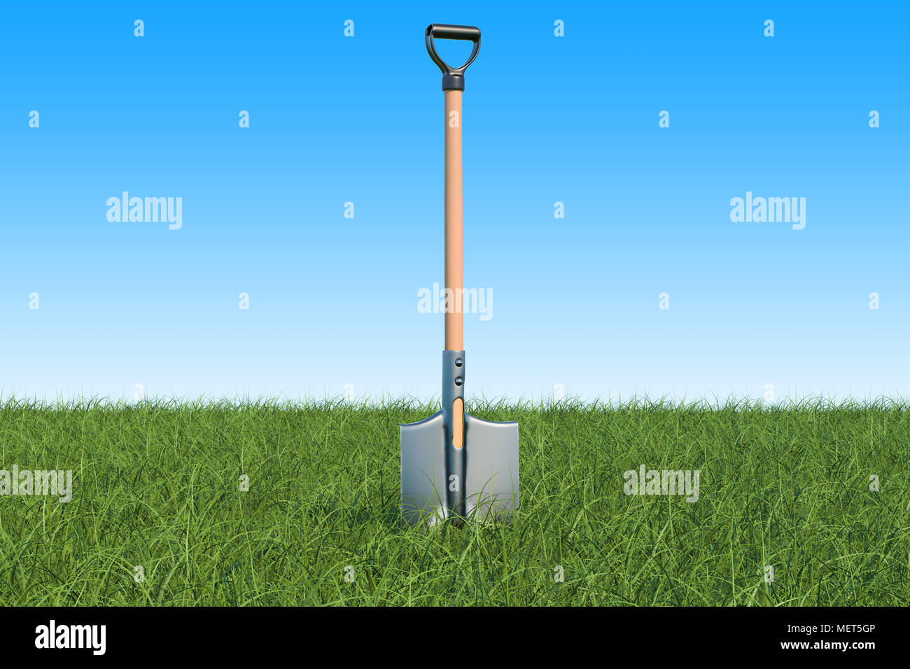 Shovel in a deep grass against blue sky, 3d rendering Stock Photo - Alamy