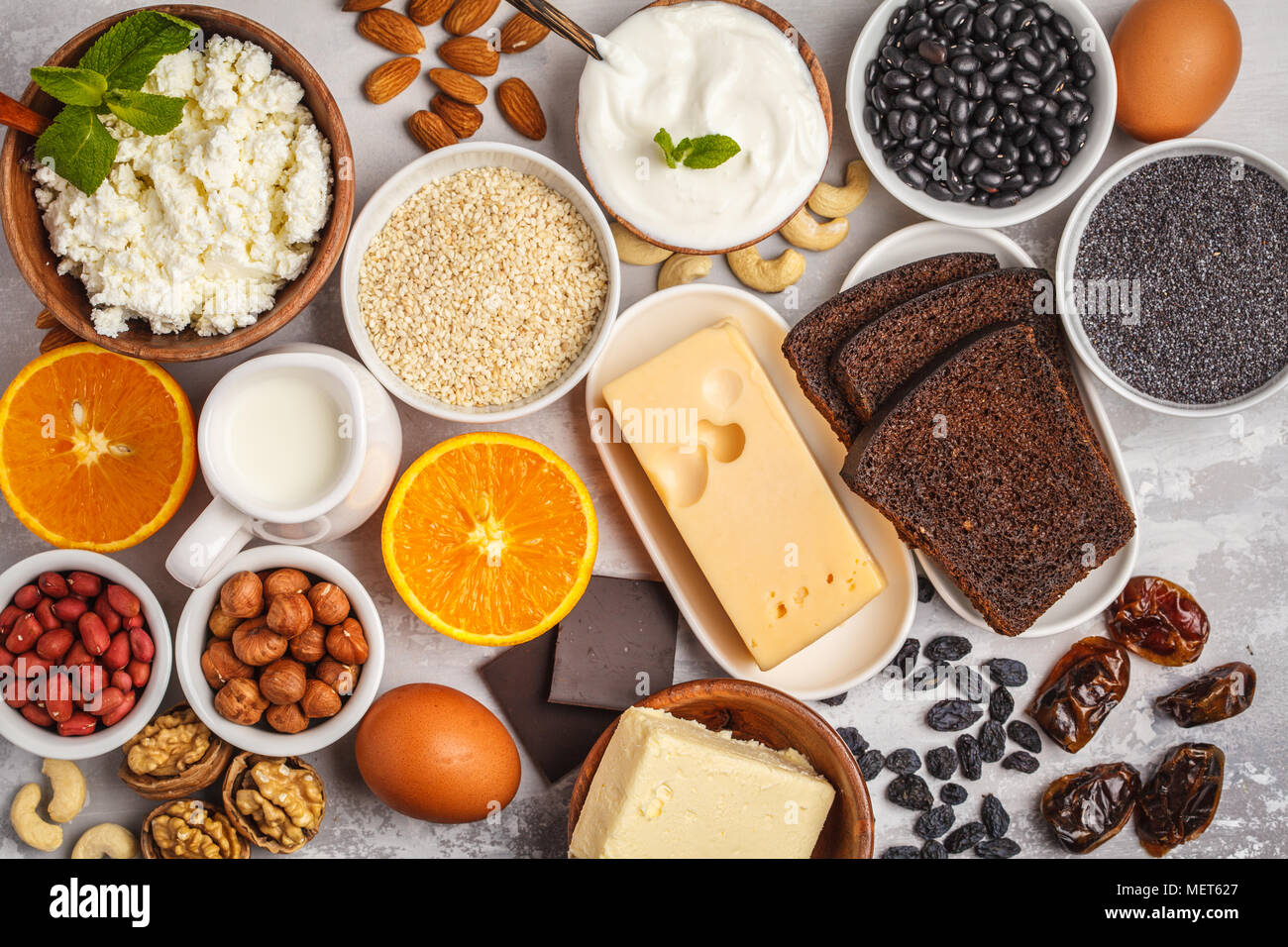 Healthy food nutrition dieting concept. Assortment of high calcium ...