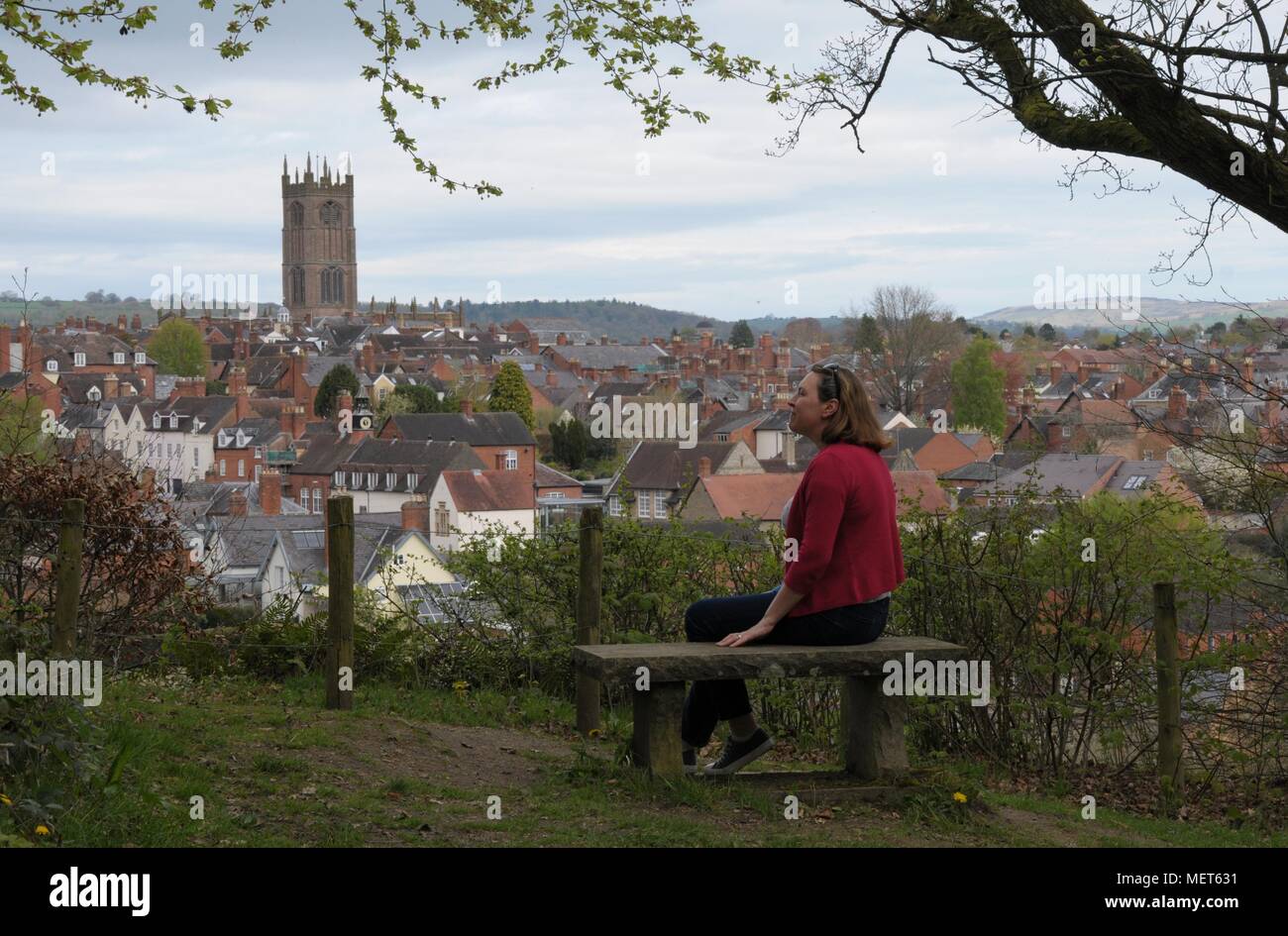 A woman relaxing on Whitcliffe Common with St Laurence's Church, Ludlow ...