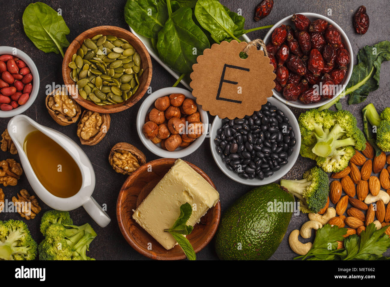 Healthy food nutrition dieting concept. Assortment of high vitamin E ...