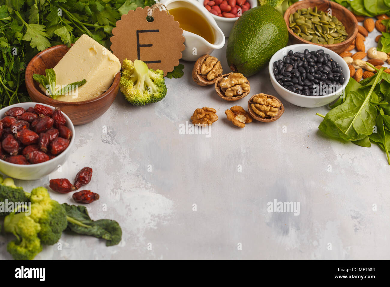 Healthy food nutrition dieting concept. Assortment of high vitamin E ...