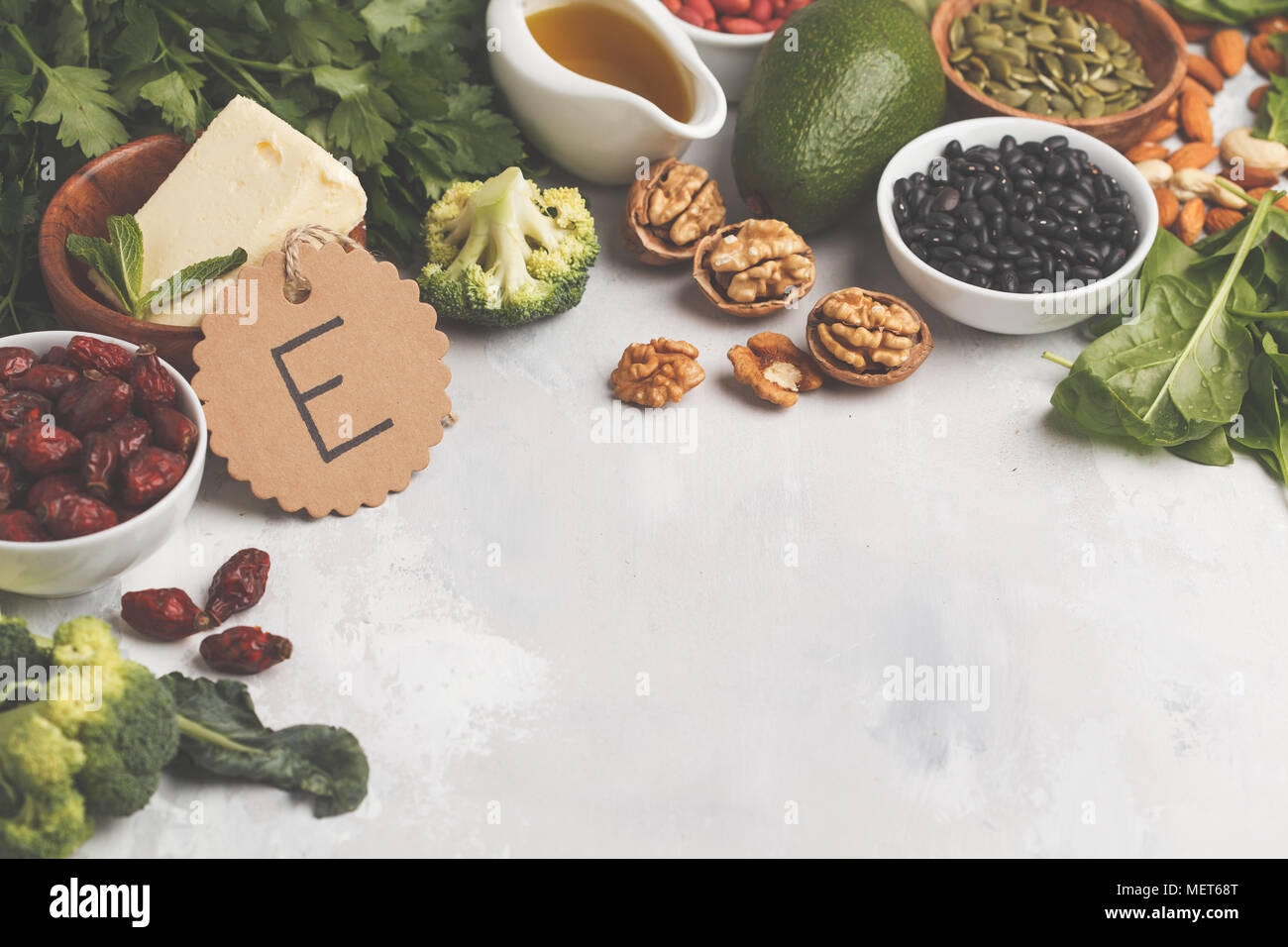 Healthy food nutrition dieting concept. Assortment of high vitamin E ...