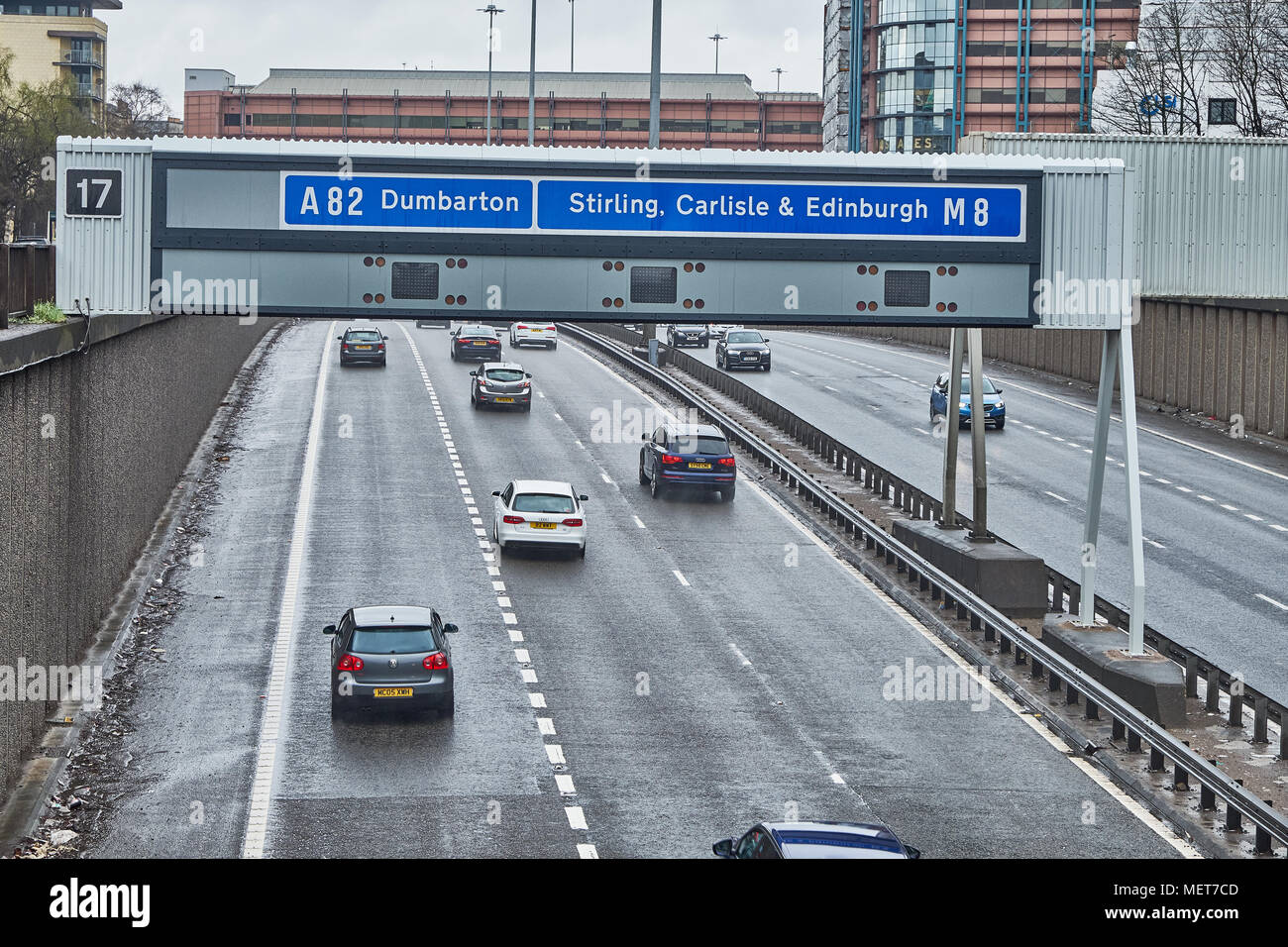 UK motorway signs on overhead gantry - junction 17 of the M8 Glasgow ...