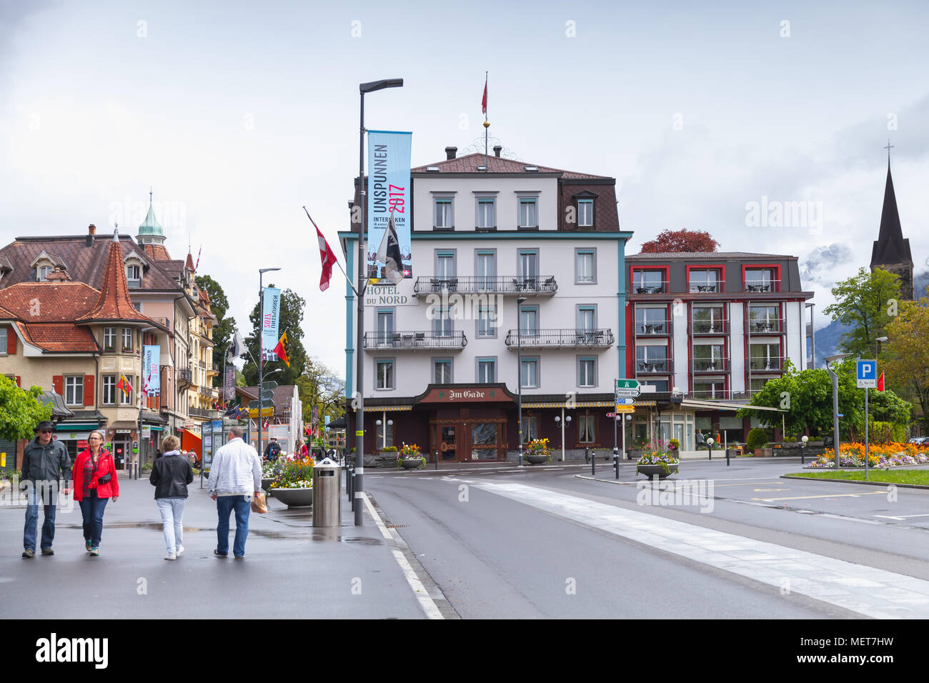 Interlaken, Switzerland - May 5, 2017: Street view of Interlaken town ...