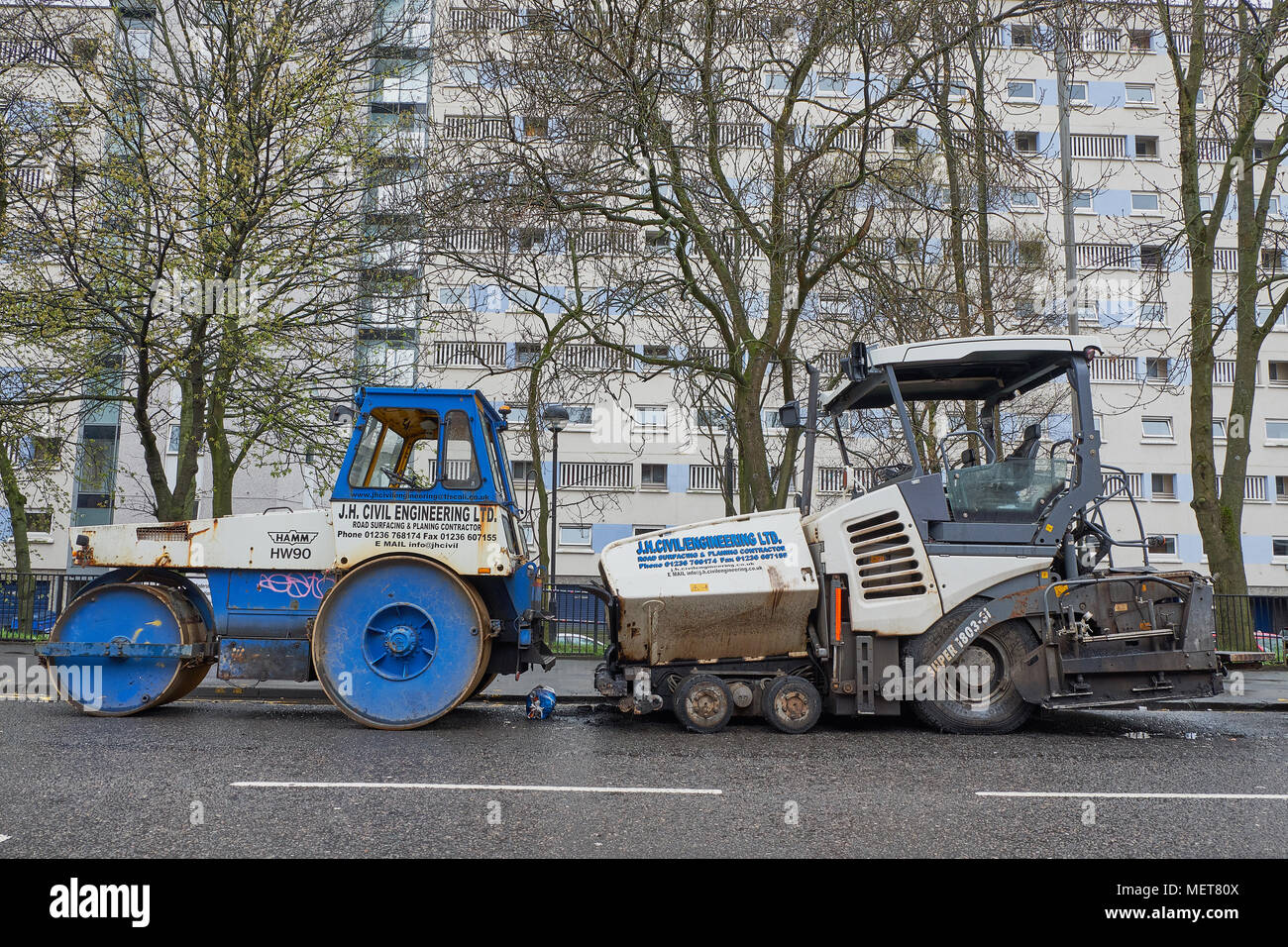 Digger loader and steam roller road surfacing repair equipment Glasgow ...