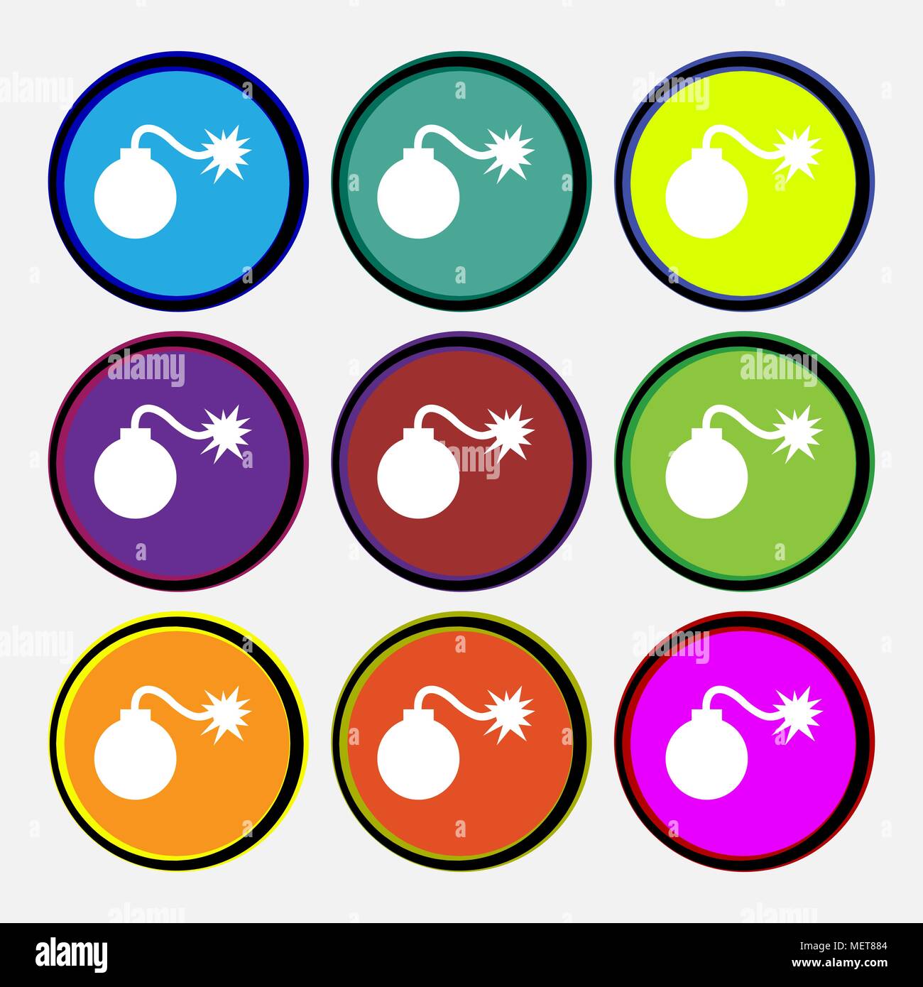 bomb icon sign. Nine multi colored round buttons. Vector illustration ...