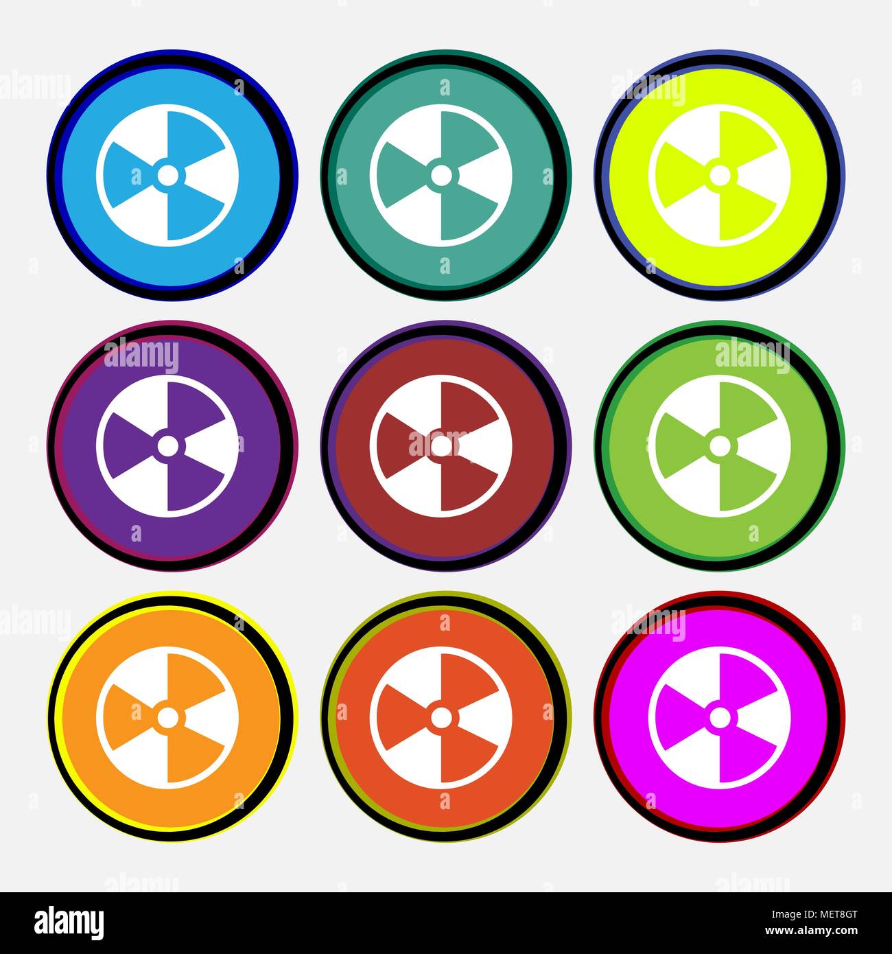 radioactive icon sign. Nine multi colored round buttons. Vector ...