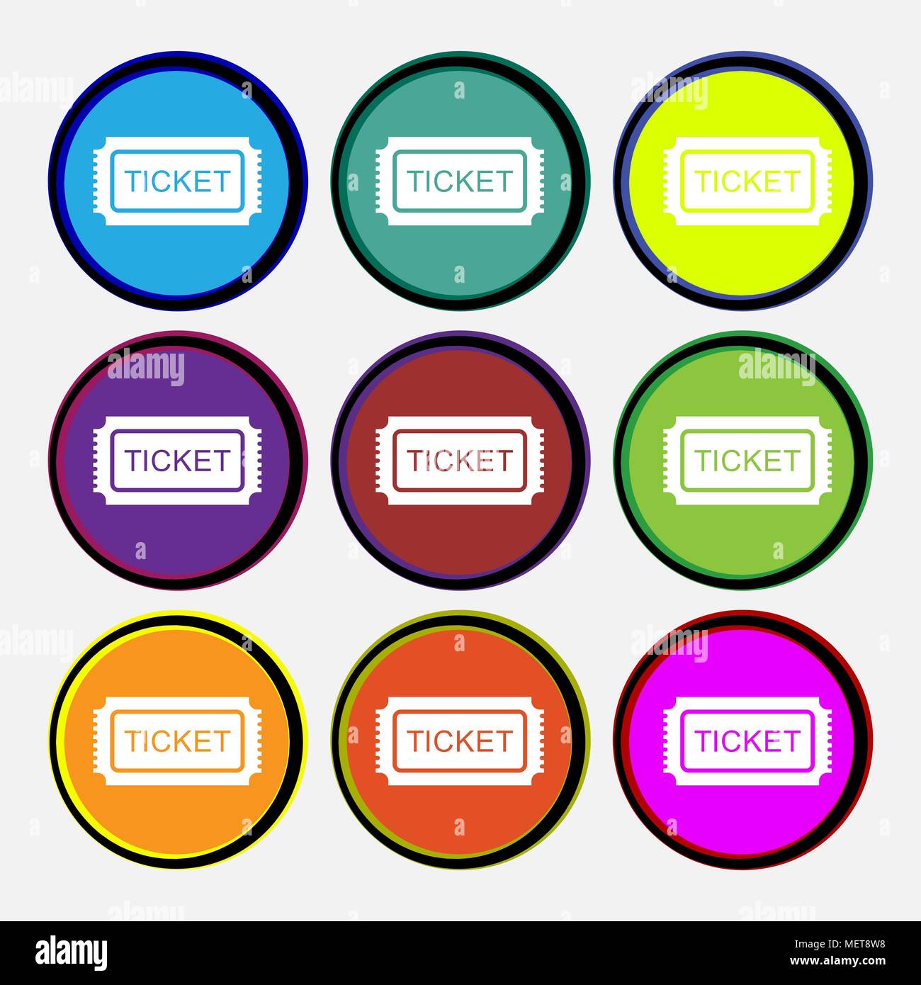 Ticket icon sign. Nine multi colored round buttons. Vector illustration ...