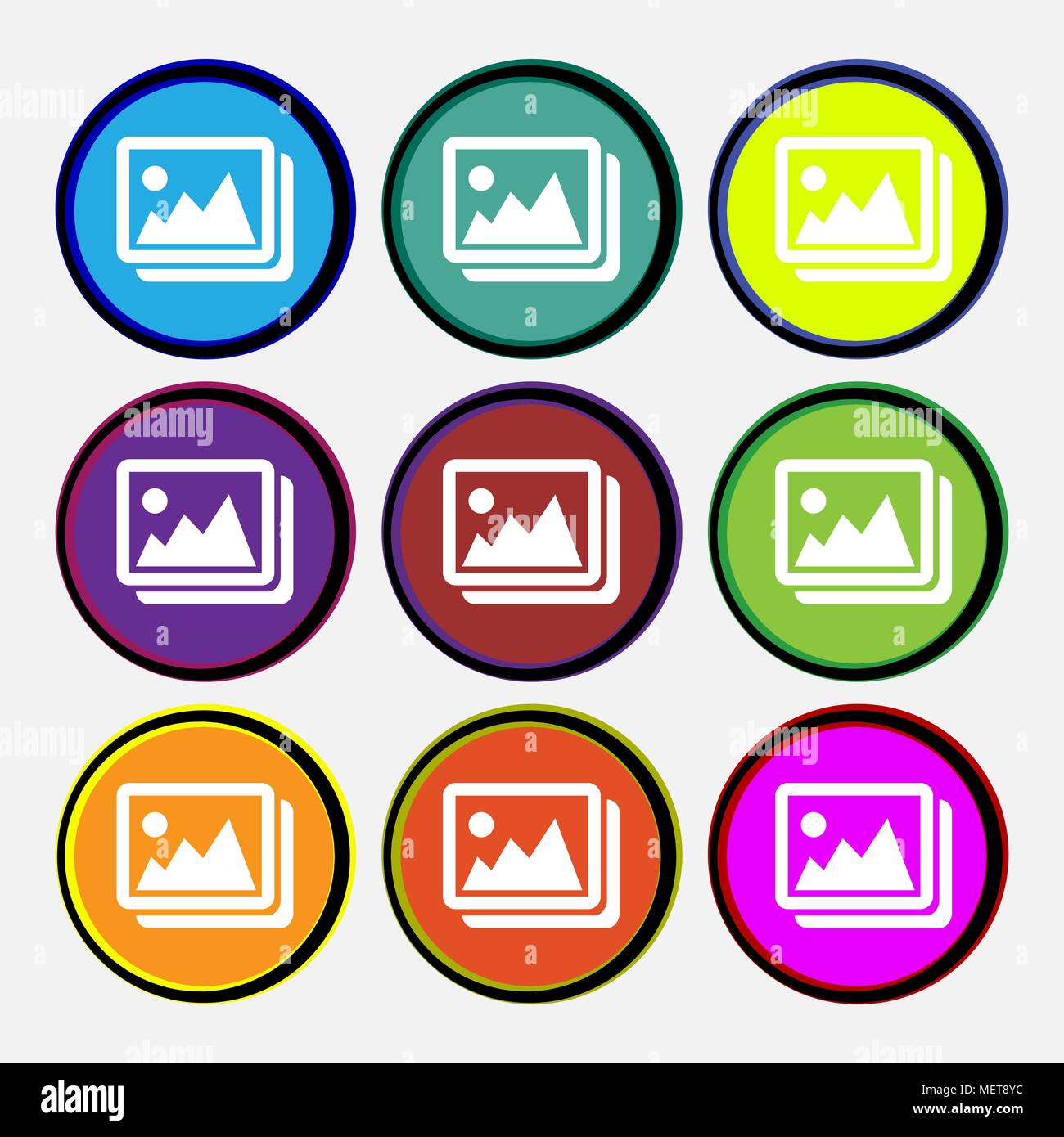 images, jpeg, photograph icon sign. Nine multi colored round buttons ...