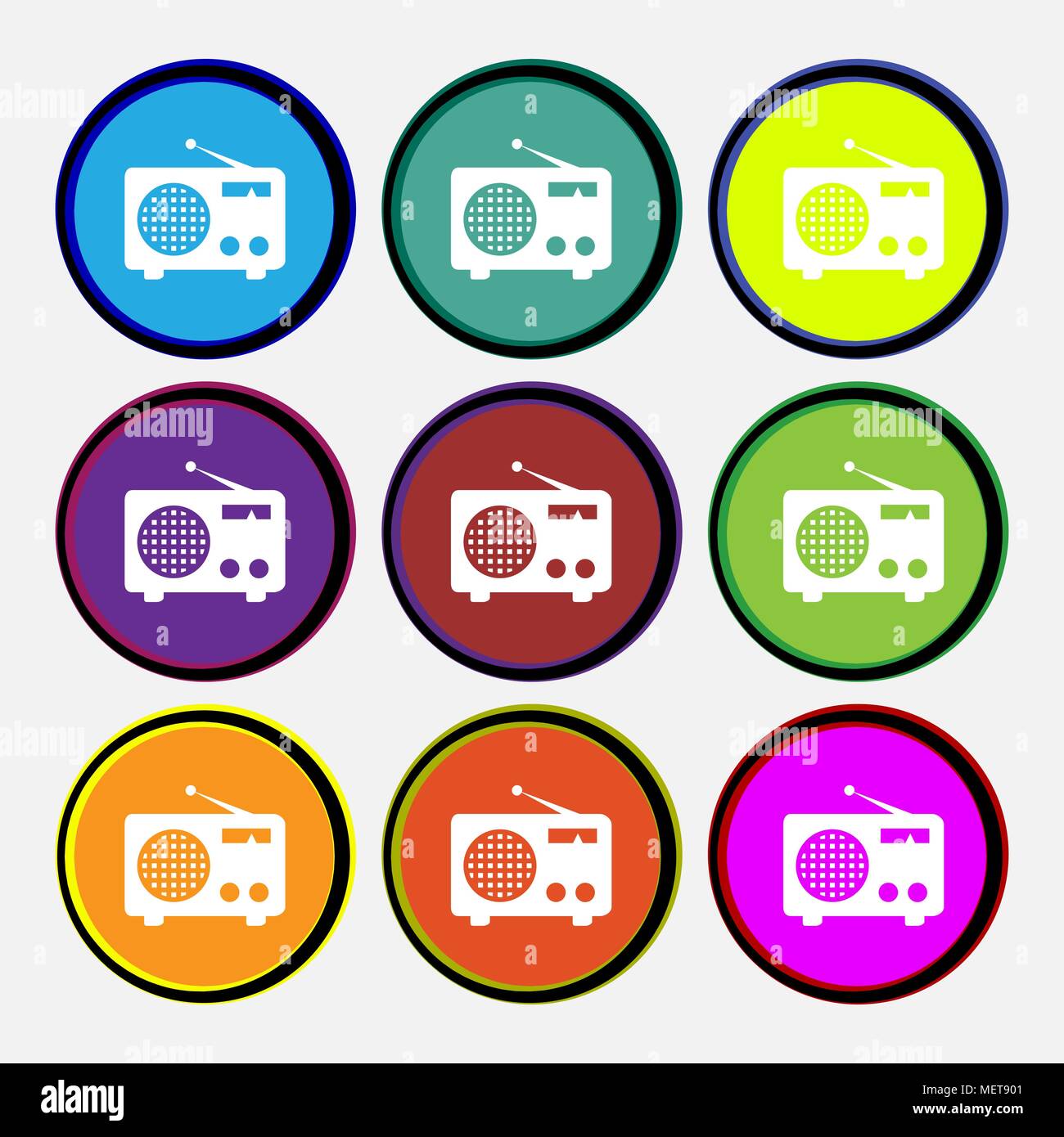 Retro radio icon sign. Nine multi colored round buttons. Vector ...