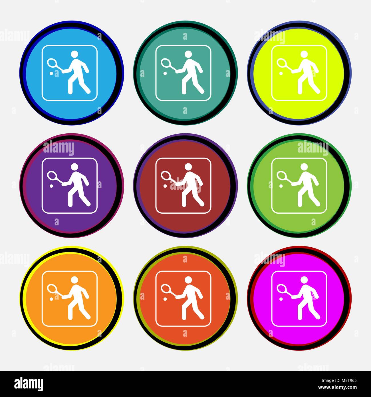 Tennis player icon sign. Nine multi colored round buttons. Vector ...