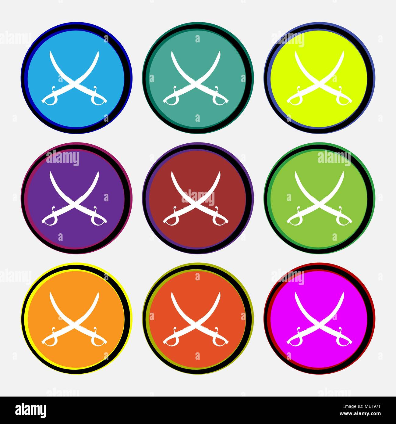 Crossed saber icon sign. Nine multi colored round buttons. Vector ...