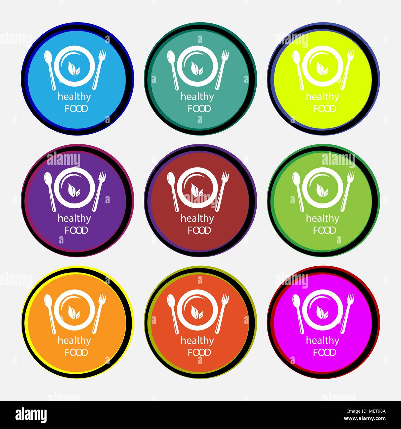 healthy food concept icon sign. Nine multi colored round buttons ...