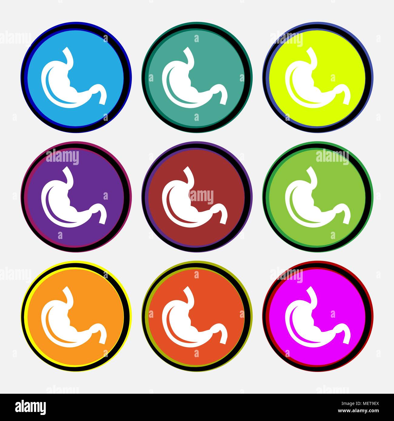 Stomach icon sign. Nine multi colored round buttons. Vector ...