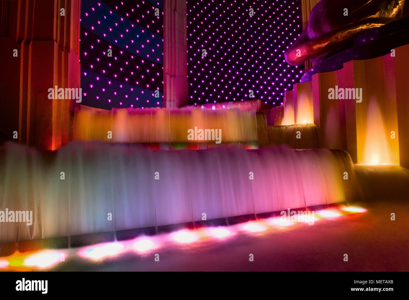 The MGM Hotel water fountains light up the Las Vegas Strip in a wash of ...