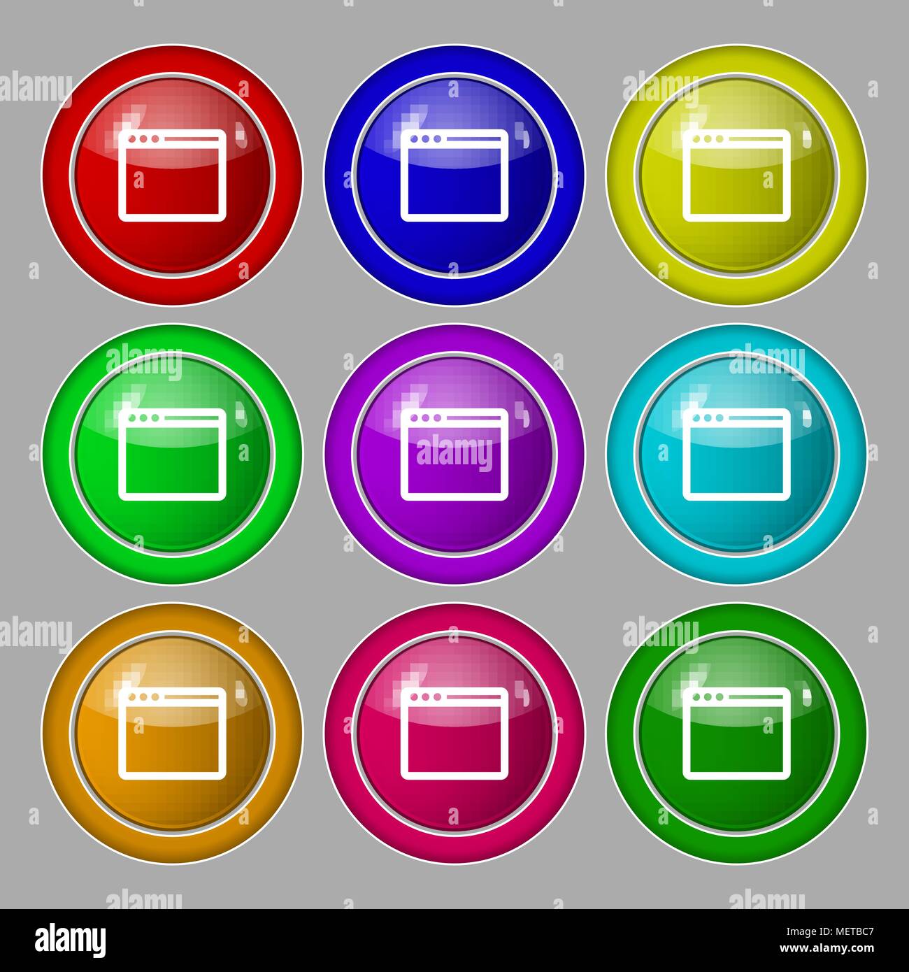Simple Browser window icon sign. symbol on nine round colourful buttons ...