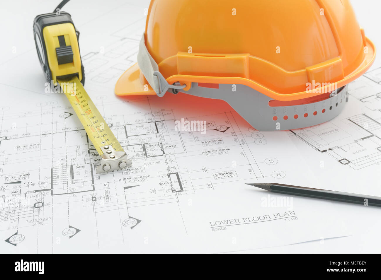 Architects workplace - architectural tools, blueprints, helmet ...