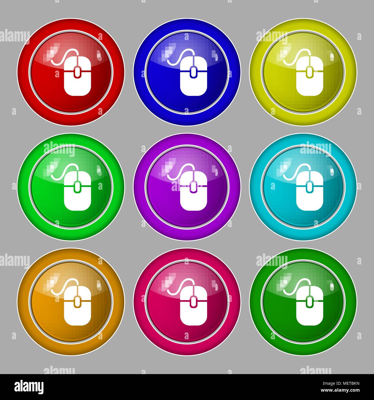 Computer mouse icon sign. symbol on nine round colourful buttons ...