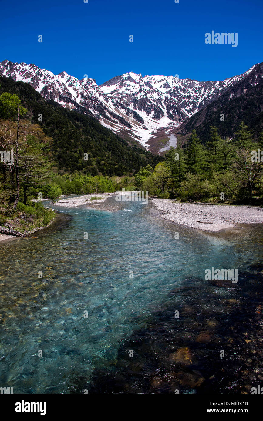 Azusa River Stream and Hotaka Mountains, Nagano Prefecture, Japan Stock ...