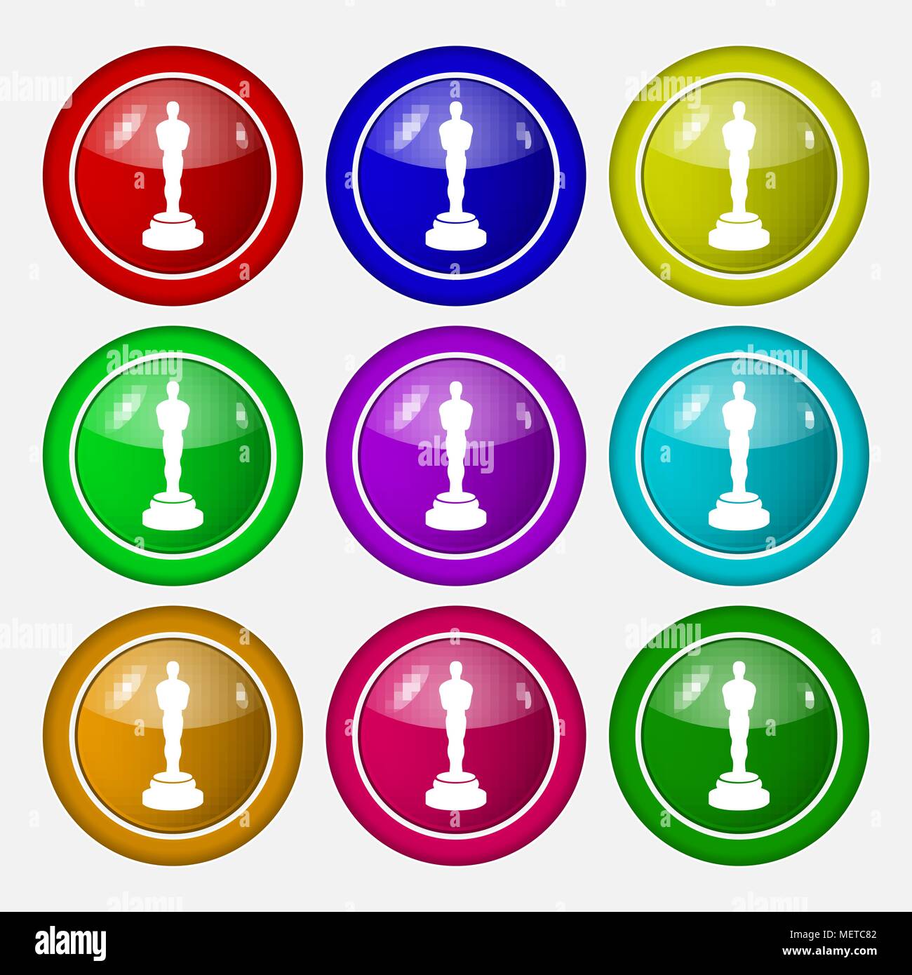 Oscar statuette icon sign. symbol on nine round colourful buttons ...