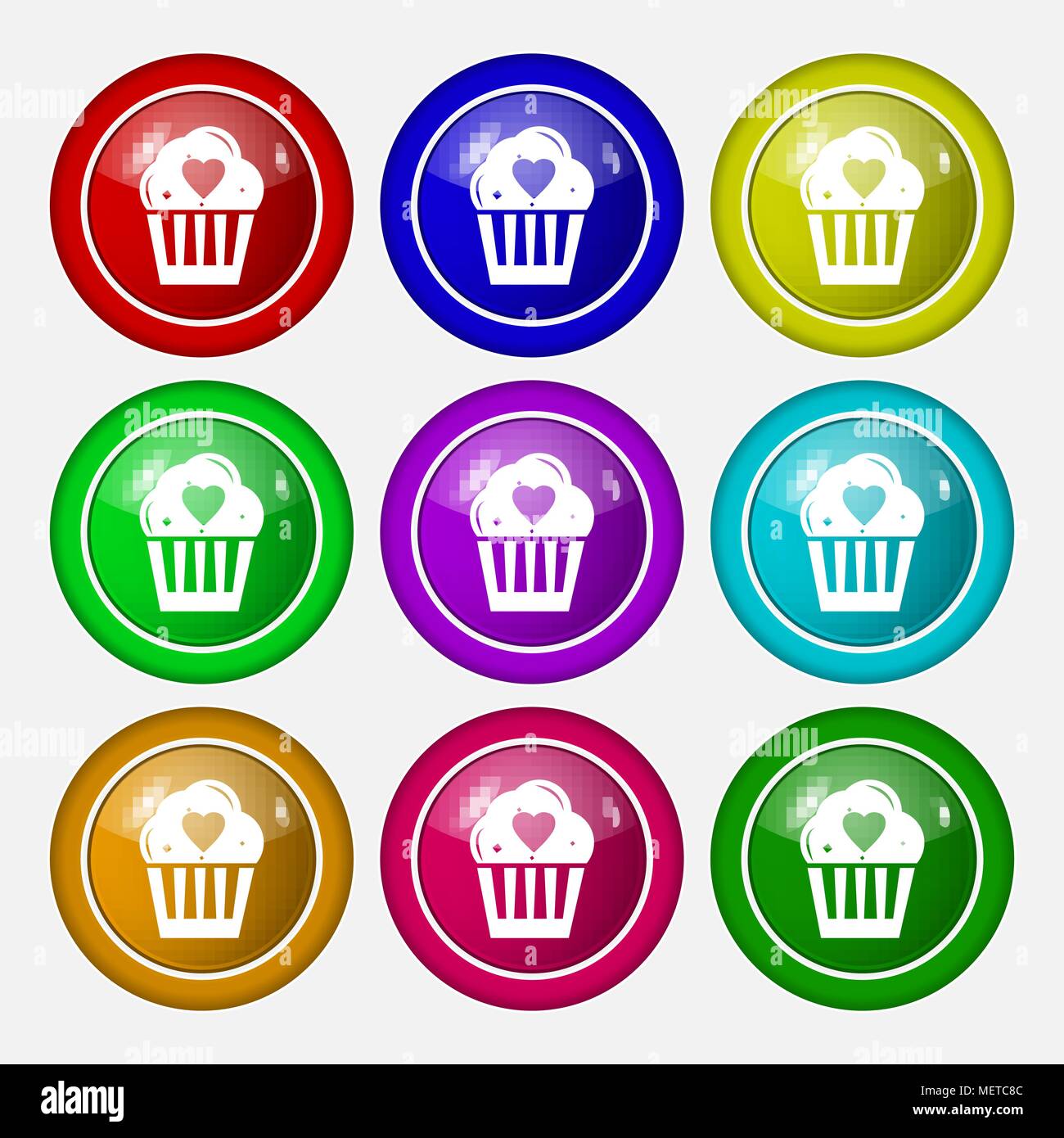 Cute Lovely Cupcake with Heart icon sign. symbol on nine round ...