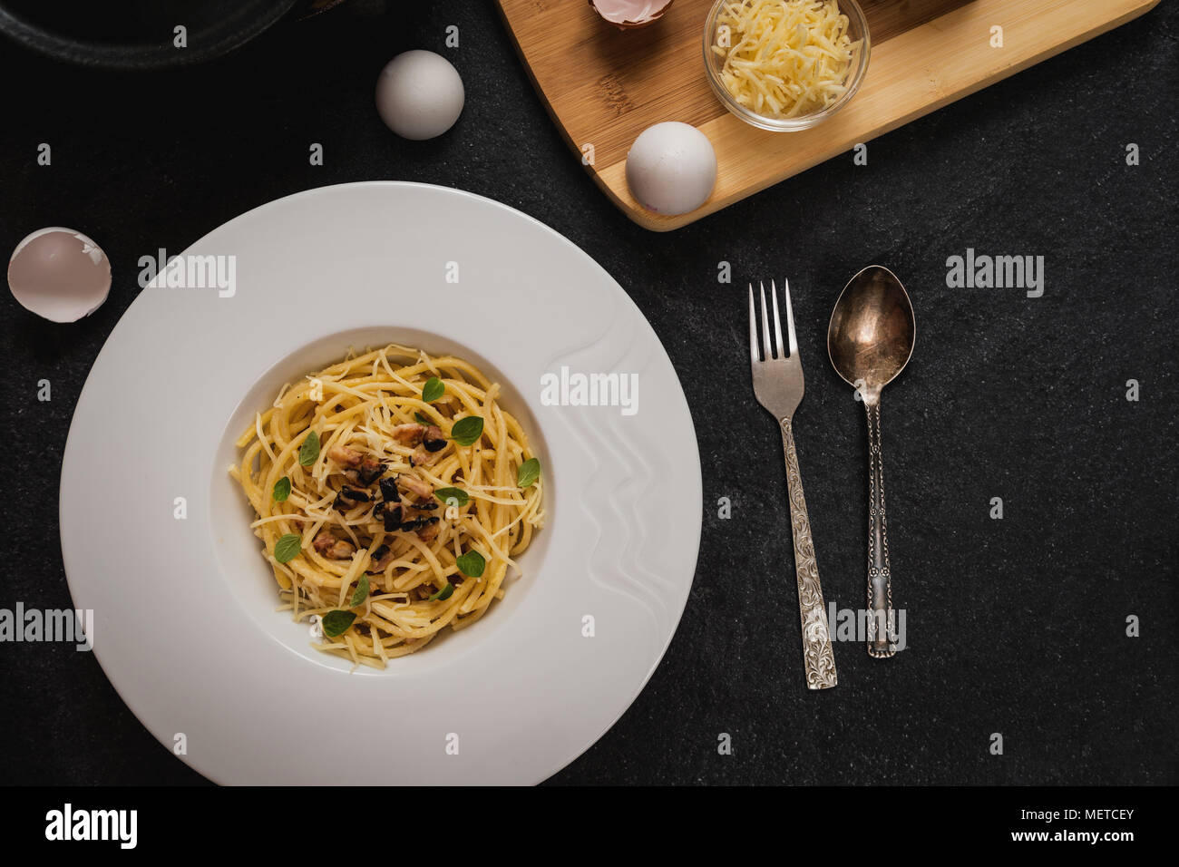 Italian cuisine pasta spaghetti ala carbora with egg, cheese parmasan ...
