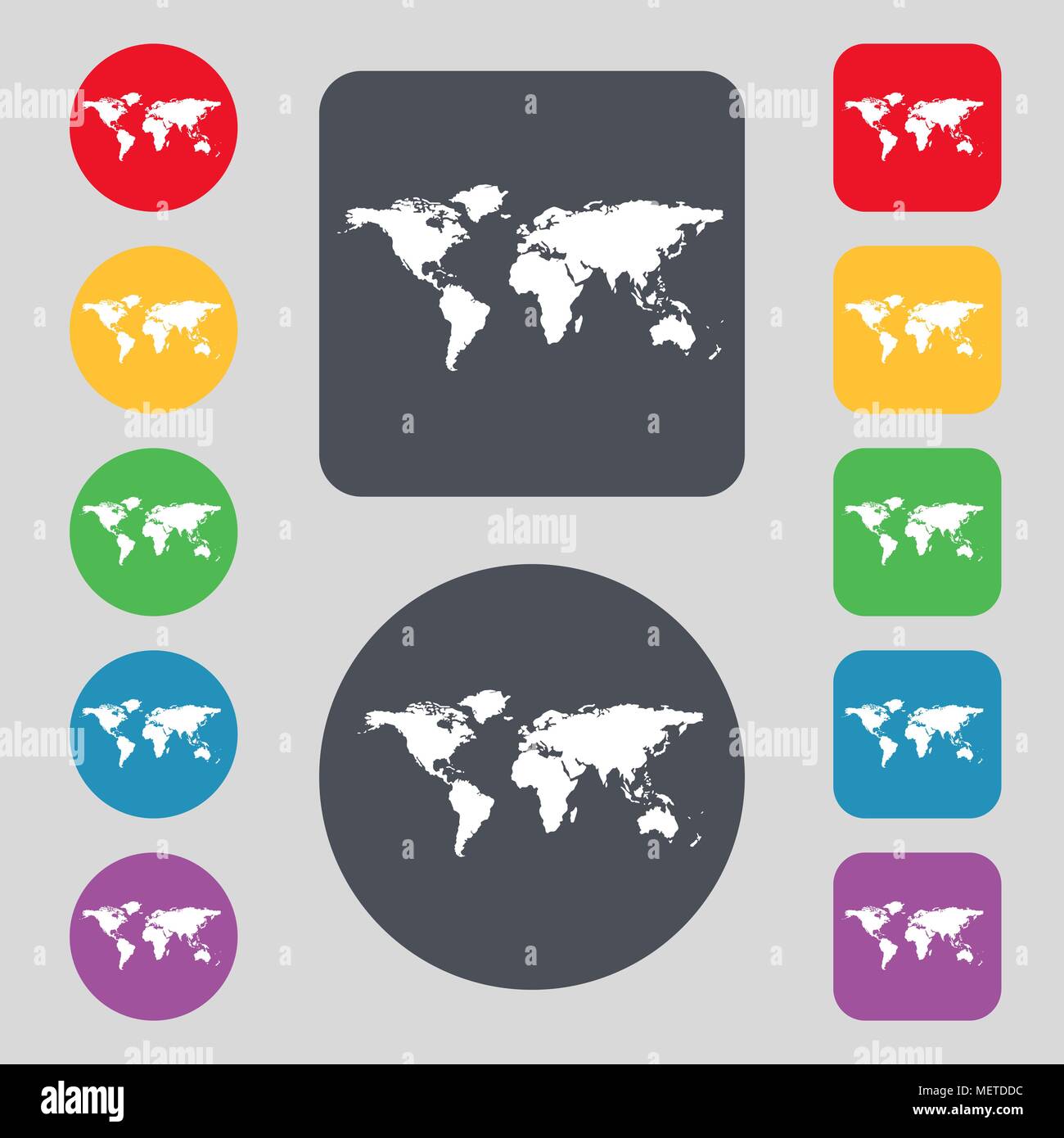 Globe sign icon. World map geography symbol. Set colourful buttons ...