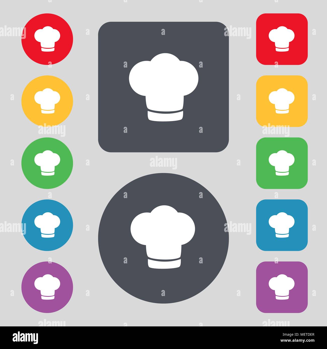 Chef hat sign icon. Cooking symbol. Cooks hat. Set colourful buttons ...