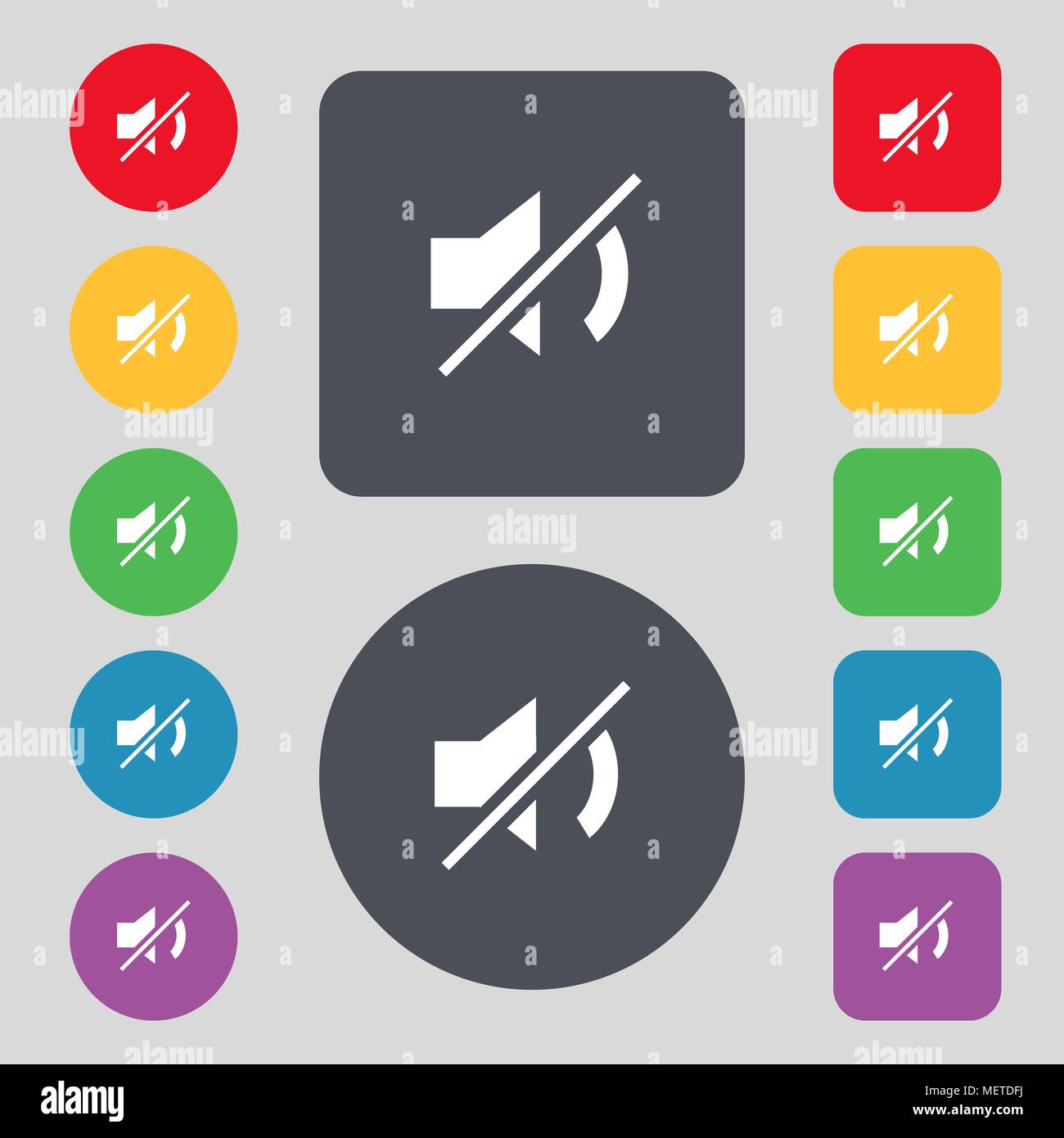 Mute speaker sign icon. Sound symbol. Set colourful buttons. Vector ...
