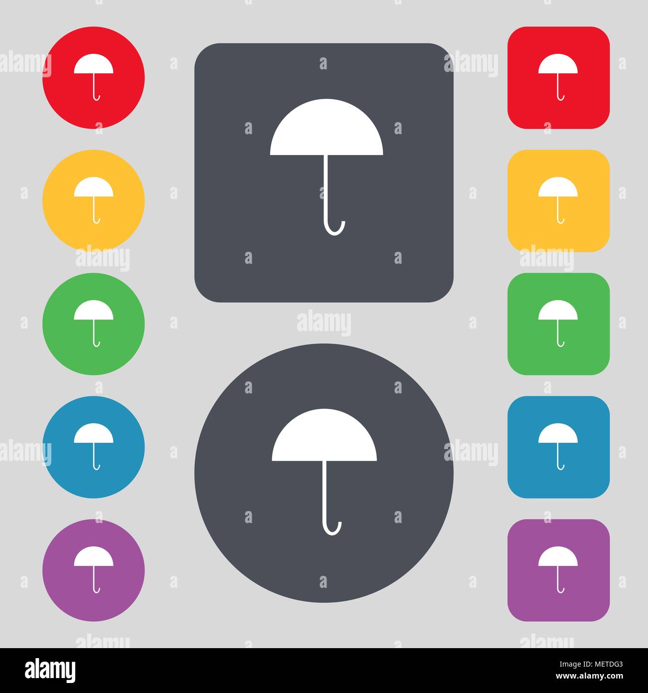 Umbrella sign icon. Rain protection symbol. Set colourful buttons ...