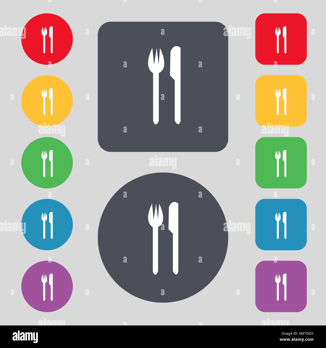 Eat sign icon. Cutlery symbol. Fork and knife. Set colourful buttons ...